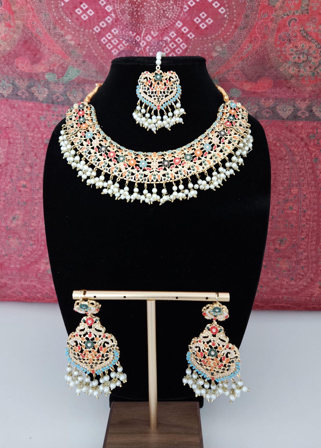 Gold Plated Pakistani / Indian Jewelry Set: Necklace, Earrings & Tika ...