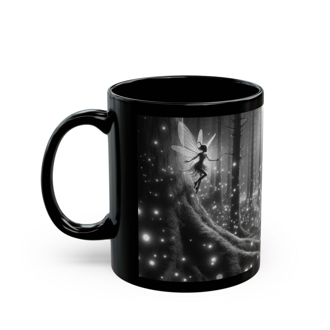 Majestic Black and White Forest Fairy Fireflies Black Mug 11oz, 15oz - Etsy