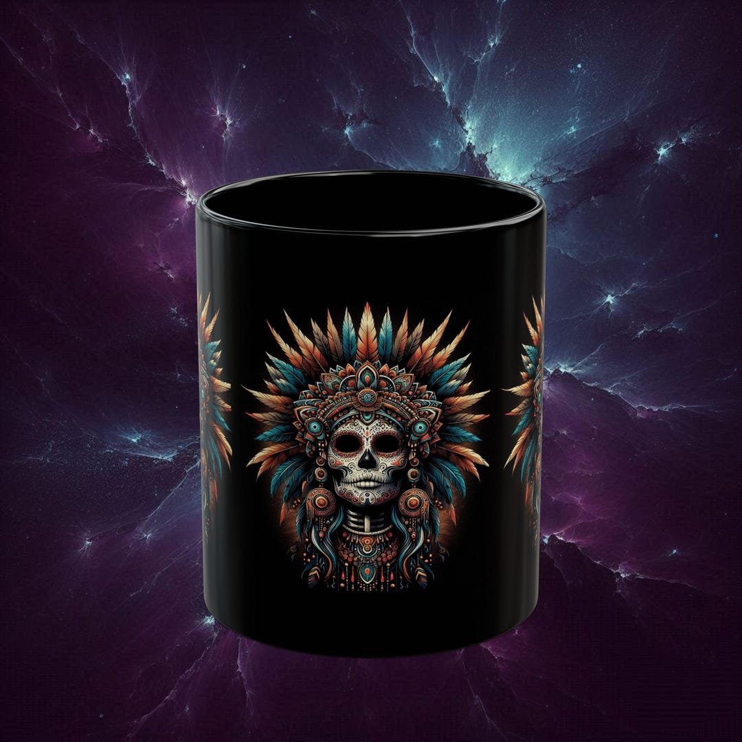 Aztec Warrior Skull Black Mug - Earth Tone Colors, Aztec Feather ...