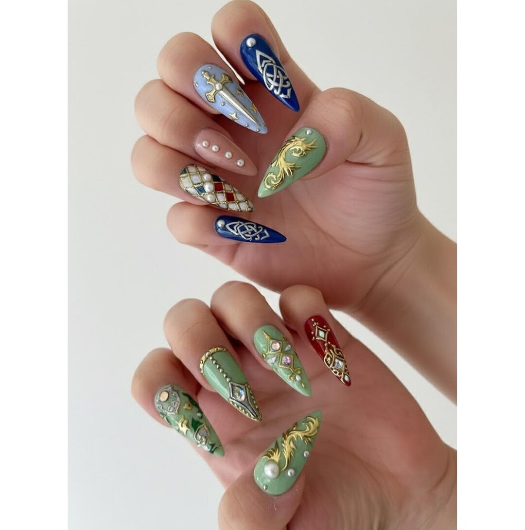 Handmade Royal Knight Press on Nails | 3D Golden Dragon, Sword ...