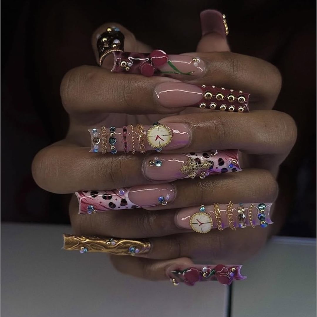 Handmade Extreme Luxury Fashion Press on Nails | Clock Charms,gold ...