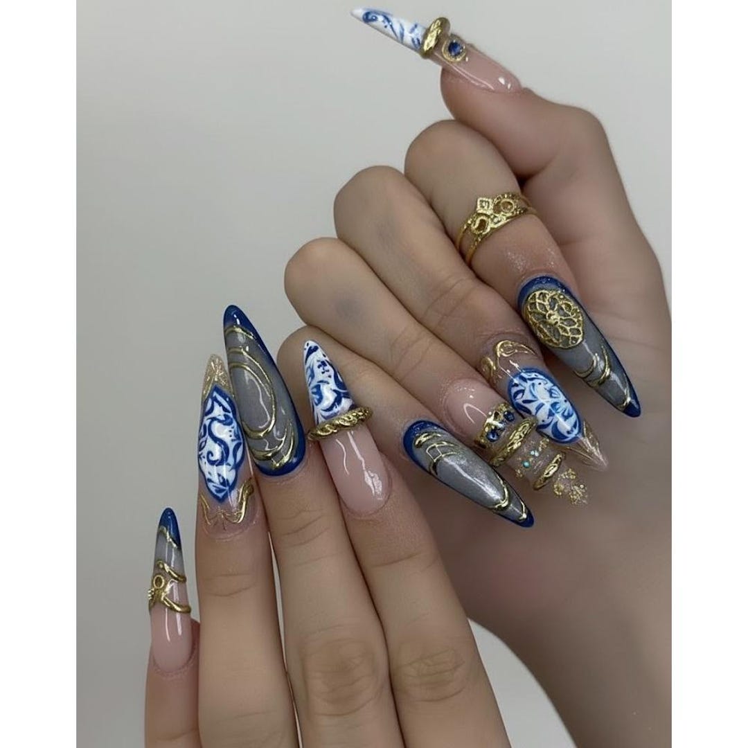 Royal Porcelain Stiletto Nails | Blue & White Delftware Gold Filigree ...