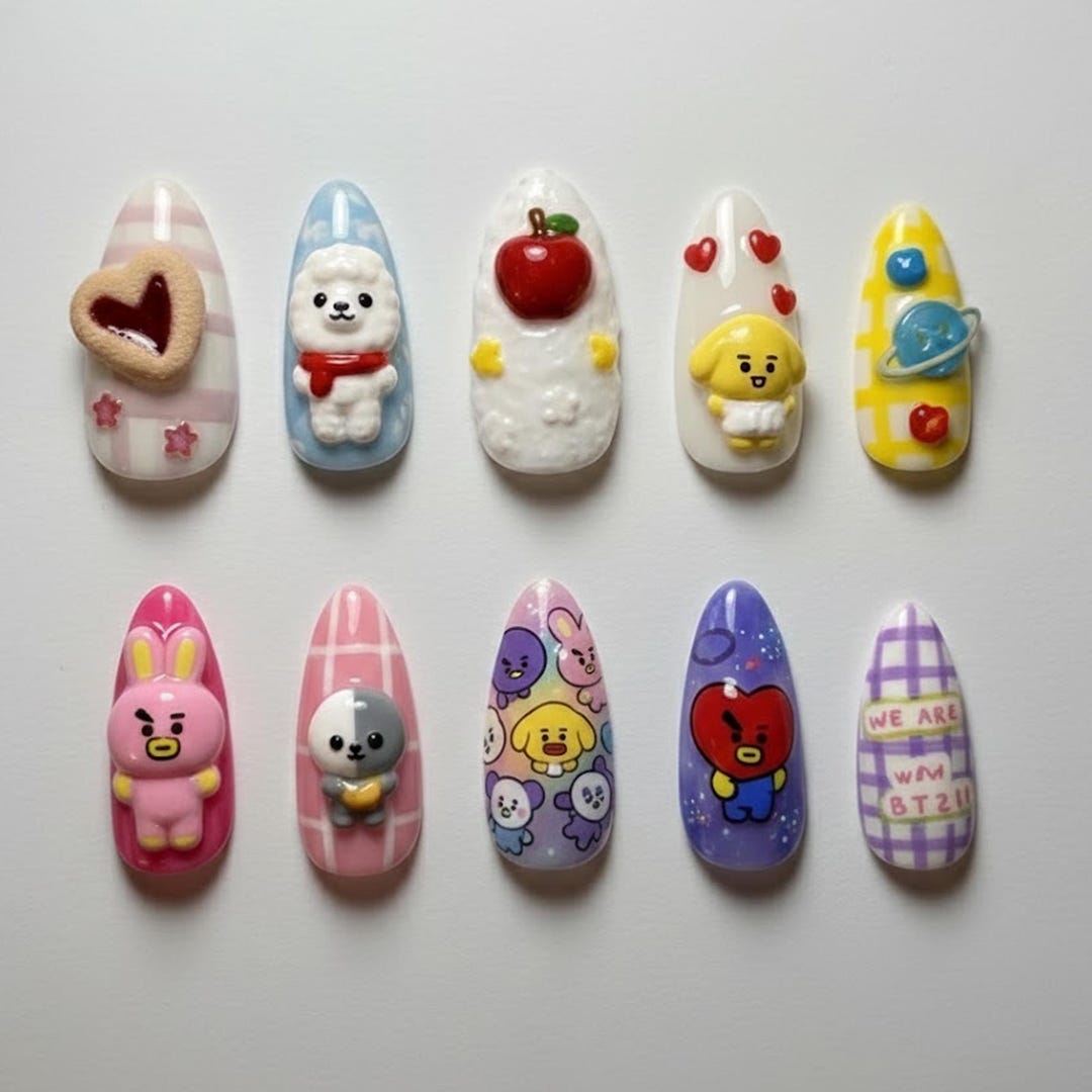 Handmade BT21 BTS Characters Nails | 3D Heart, Tata & Cooky Pastel ...