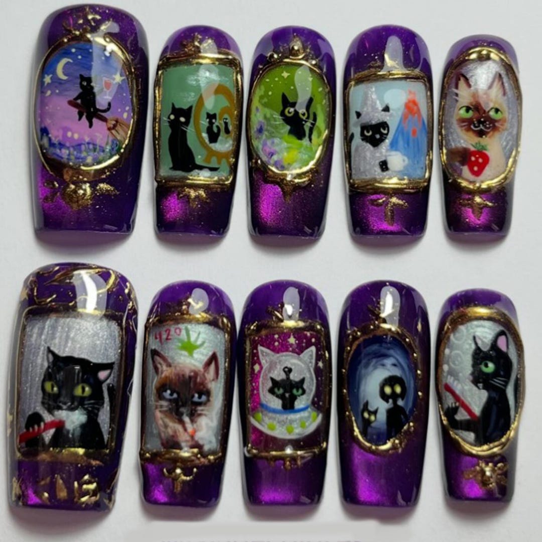 Handmade Witchy Cat Press on Nails | Hand-painted Space Cats, Mirrors ...