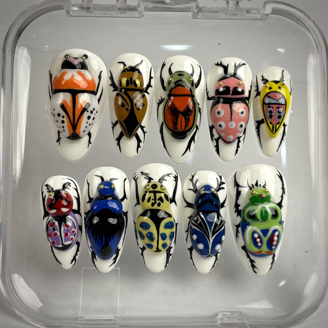 3D Beetle Press on Nails: Insect & Ladybug Art, Almond Shape - Etsy