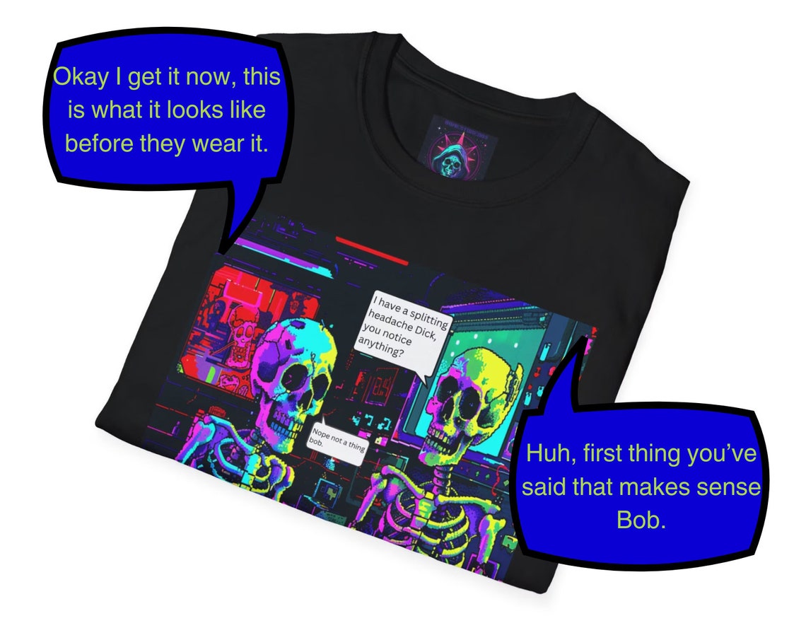 Pixel Art T-shirt Bones Threads Pixel Pain Bob's Splitting Headache Dick's Blind Eye Skeletons ...
