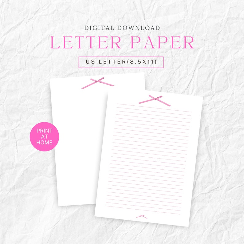 White Coquette Pink Bow Printable Lined Letter Paper Stationary Writing ...