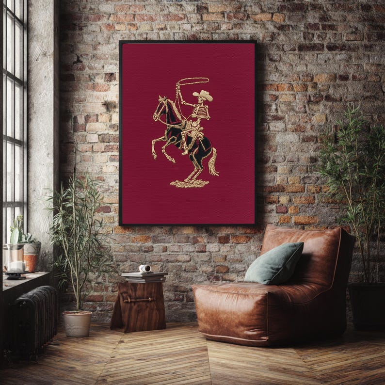 Skeleton Cowboy Roping Art Print: Western Embroidery Style Wall Art ...