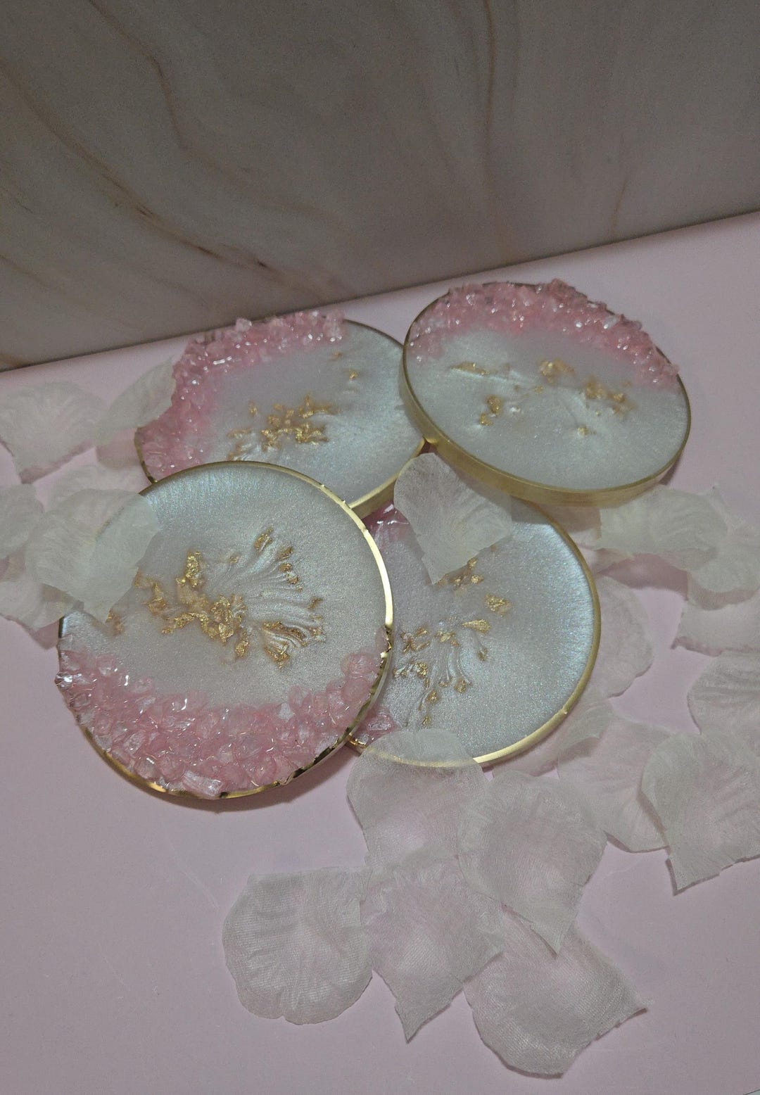 Pink Broken Glass Resin Coasters Set||pink Stones/gems|| Gold Leaf ...