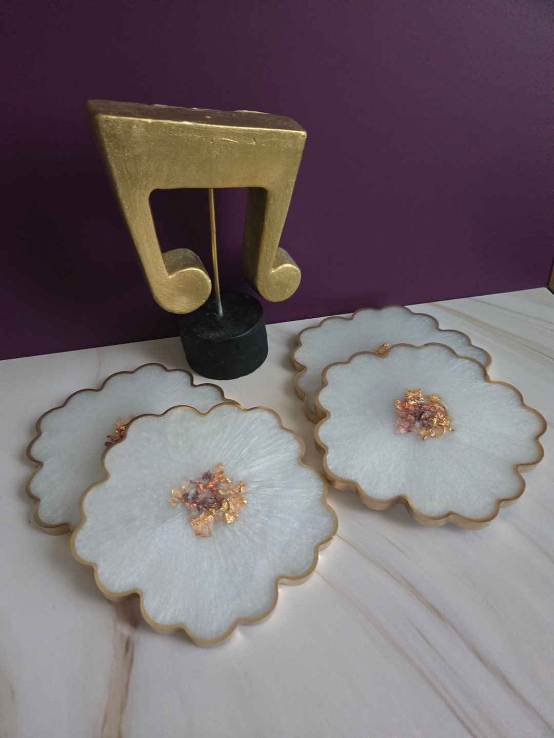 White Flower Shape Coasters With Rose Gold and Gold Flakes set of 4 - Etsy