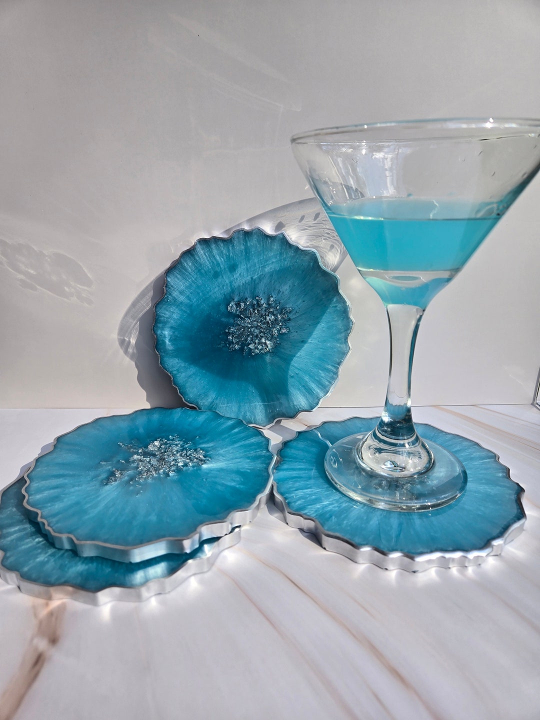 Handmade Ocean Blue Epoxy Resin Coasters set of 4 With Silver Flakes ...
