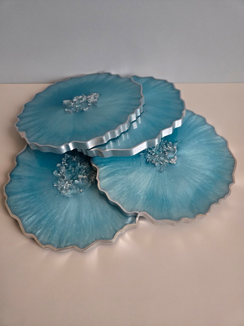 Handmade Ocean Blue Epoxy Resin Coasters set of 4 With Silver Flakes ...