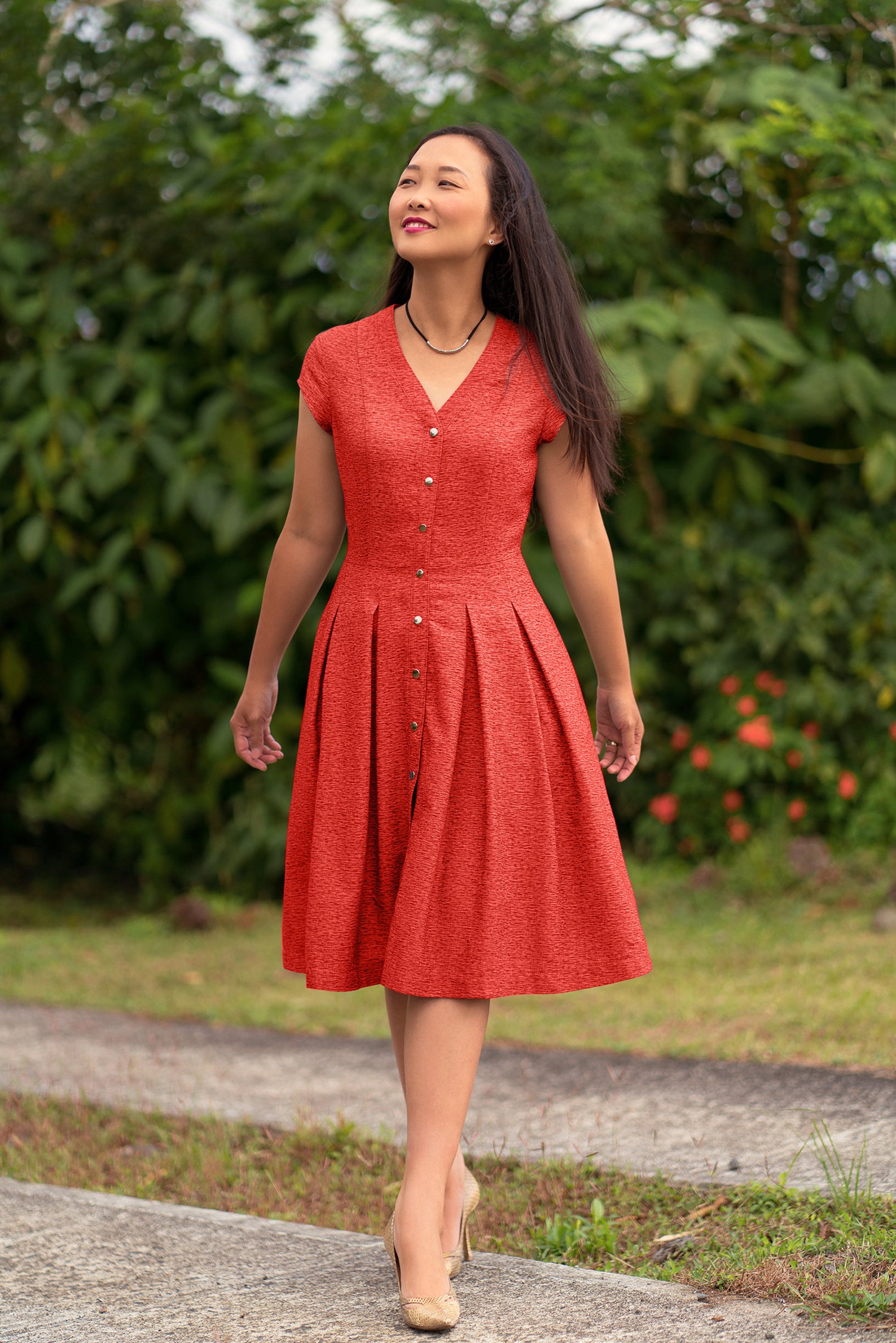 Women's Woven Dress PDF Sewing Pattern, Cap / Flare Sleeves , Front ...