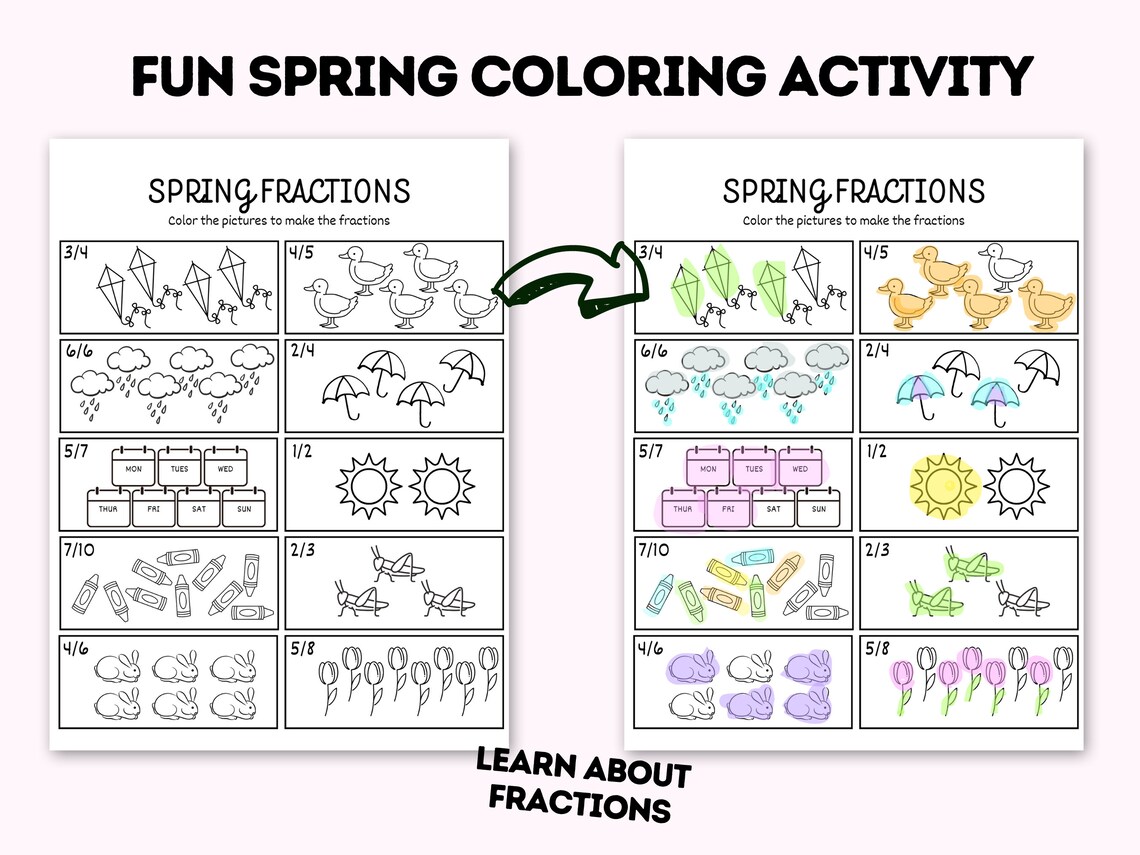 Spring Fractions Worksheet for Kids - Printable PDF - Instant Download ...