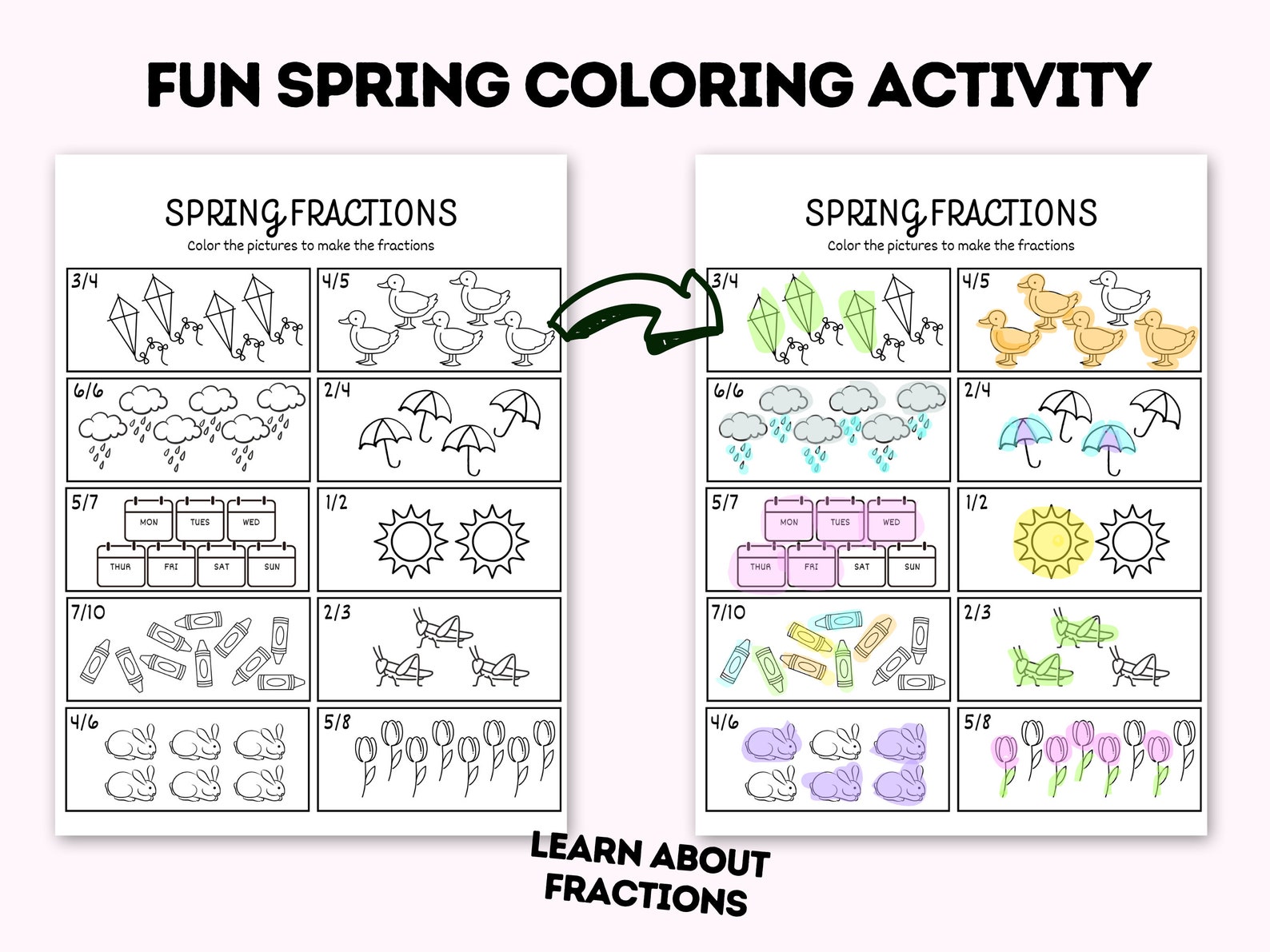 Spring Fractions Worksheet for Kids - Printable PDF - Instant Download ...