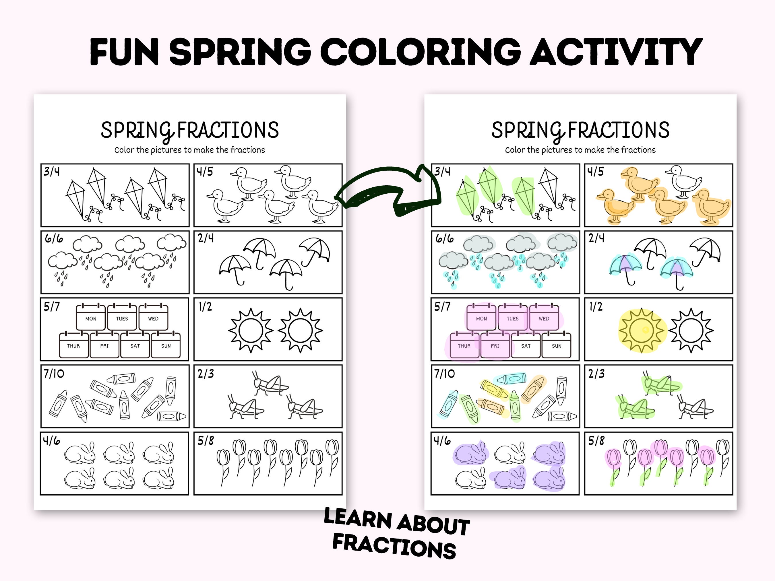 Spring Fractions Worksheet for Kids Printable PDF Instant Download ...
