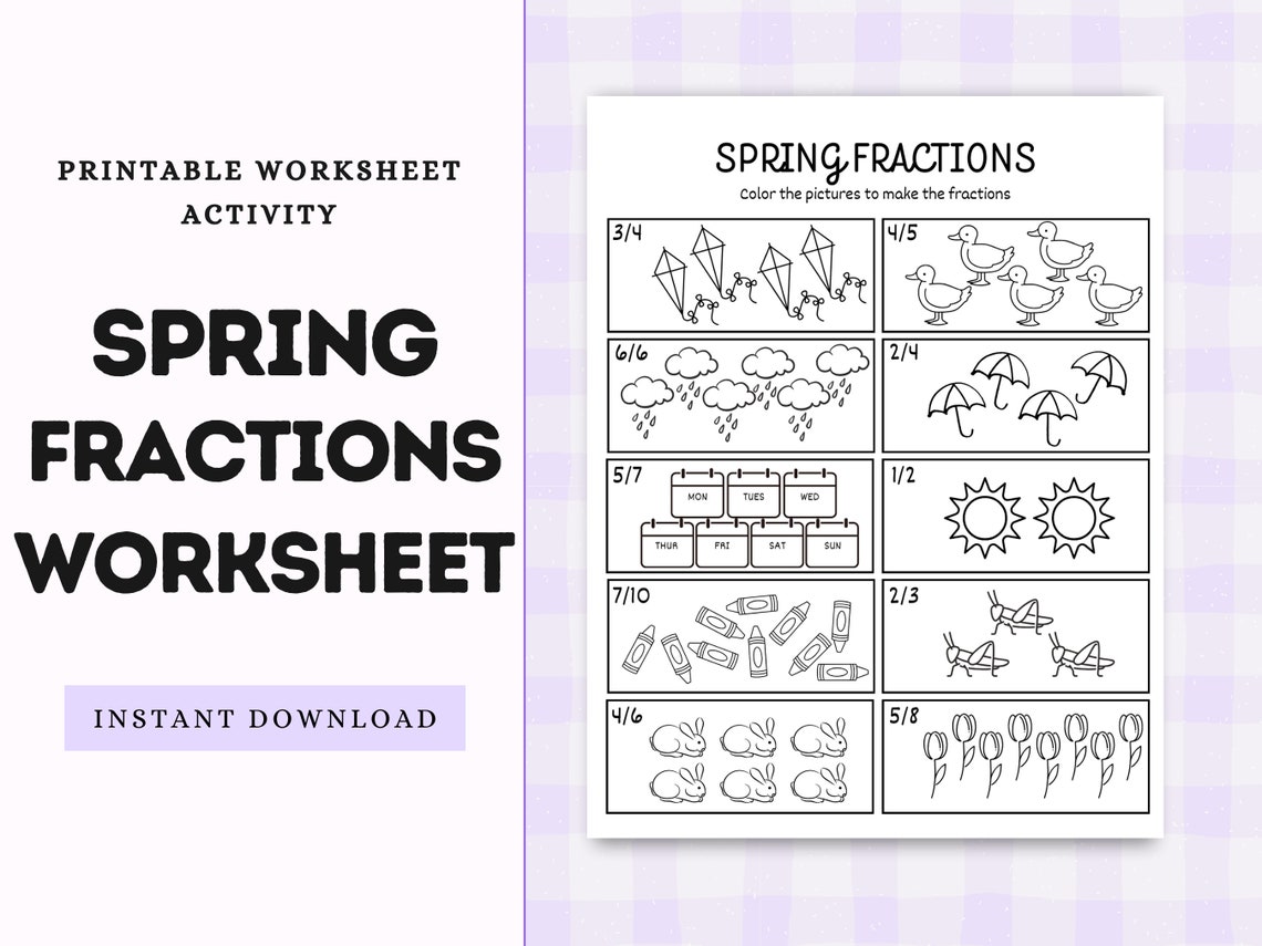 Spring Fractions Worksheet for Kids - Printable PDF - Instant Download ...