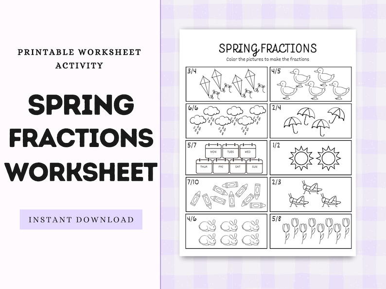 Spring Fractions Worksheet for Kids Printable PDF Instant Download ...