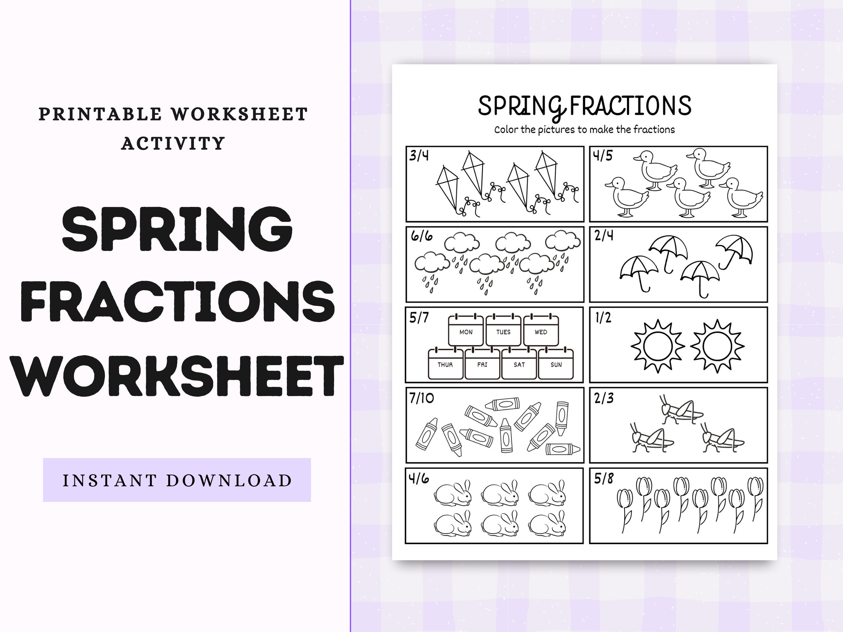 Spring Fractions Worksheet for Kids Printable PDF Instant Download ...