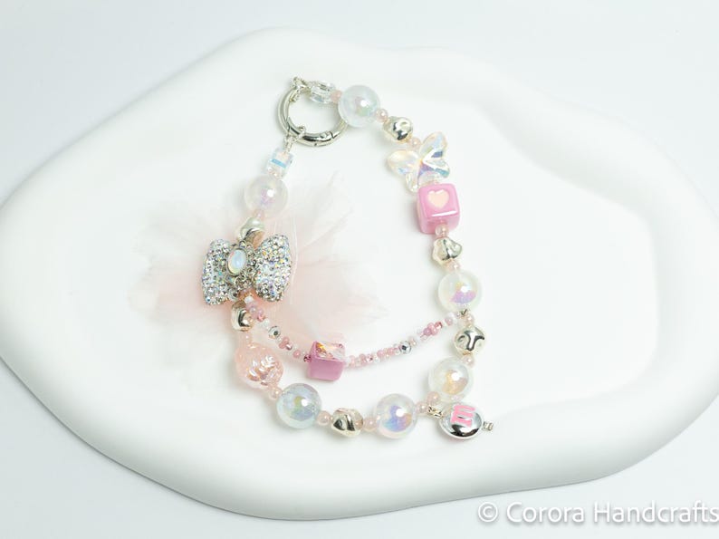Handmade Pink Crystal Bow Key Charm | Elegant Iridescent Beaded Phone ...