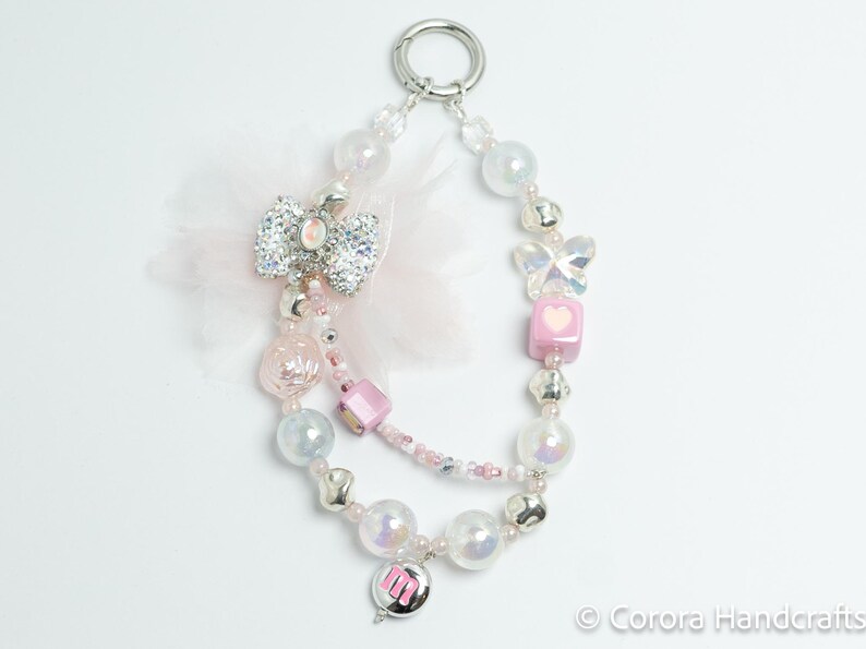 Handmade Pink Crystal Bow Key Charm | Elegant Iridescent Beaded Phone ...
