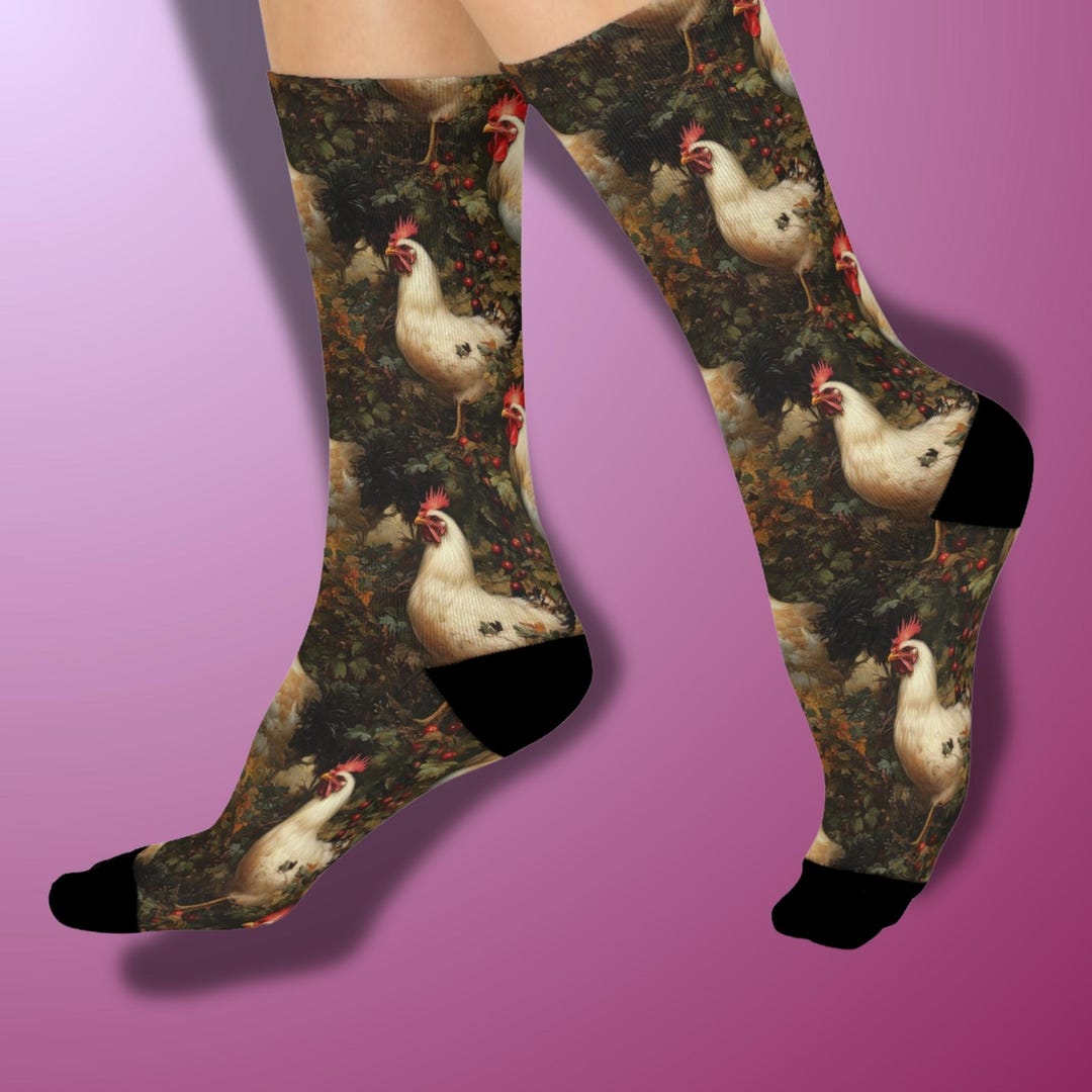 Rooster Art Cushioned Crew Socks, Cottagecore Chicken Socks, Unique ...