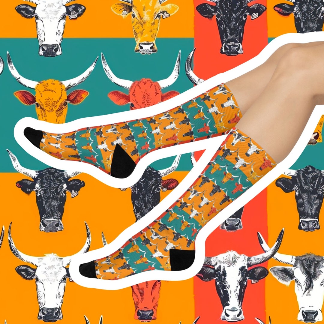 Longhorn Cows Cushioned Crew Socks, Cottagecore Cows Socks, Cottage ...
