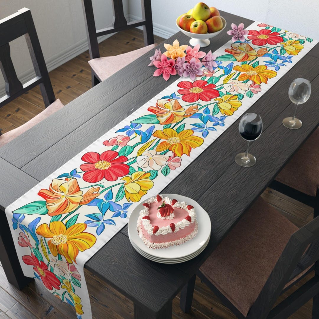 Large Vivid Flowers Table Runner Spring Room Decor Botanical ...
