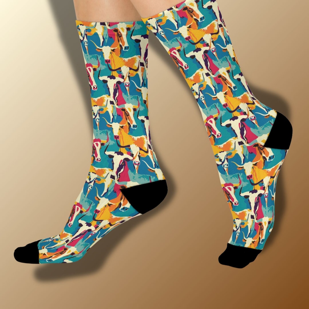 Longhorn Cows Farm Cushioned Crew Socks, Cottagecore Cattle Socks ...