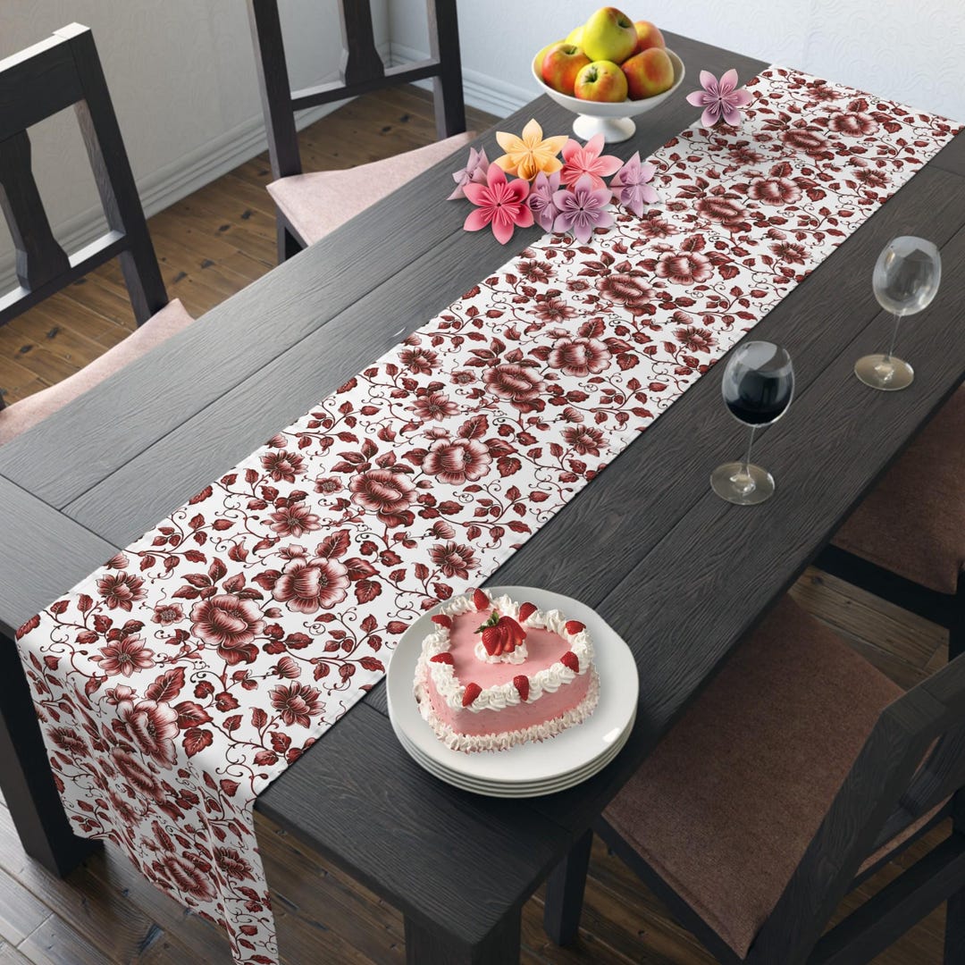 Delftware Red Flowers Table Runner Spring Room Elegant Decor Botanical ...