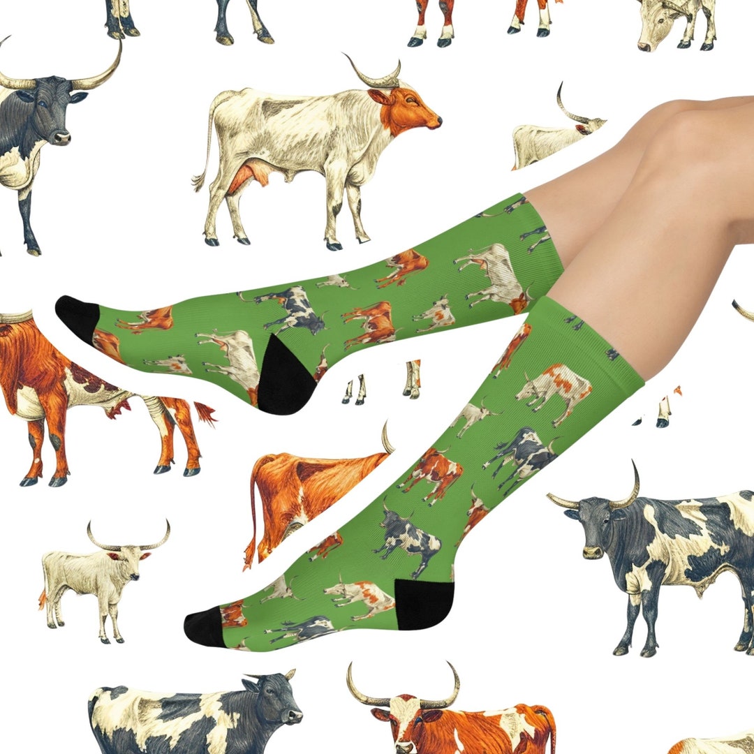 Longhorn Cows Cushioned Crew Socks, Cottagecore Cows Socks, Cottage ...