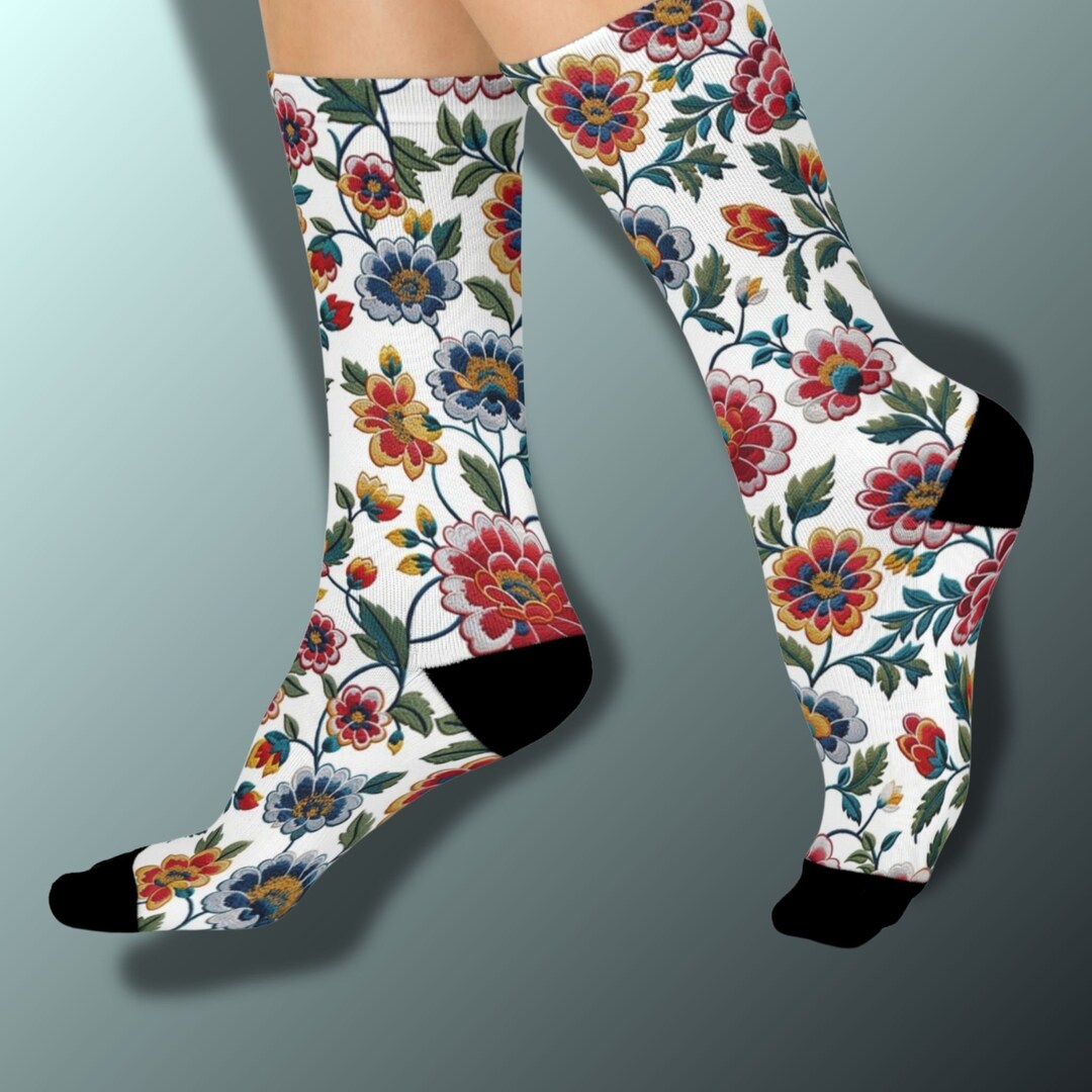 Faux Embroidery Polish Folk Flowers Cushioned Crew Socks, Cottagecore ...
