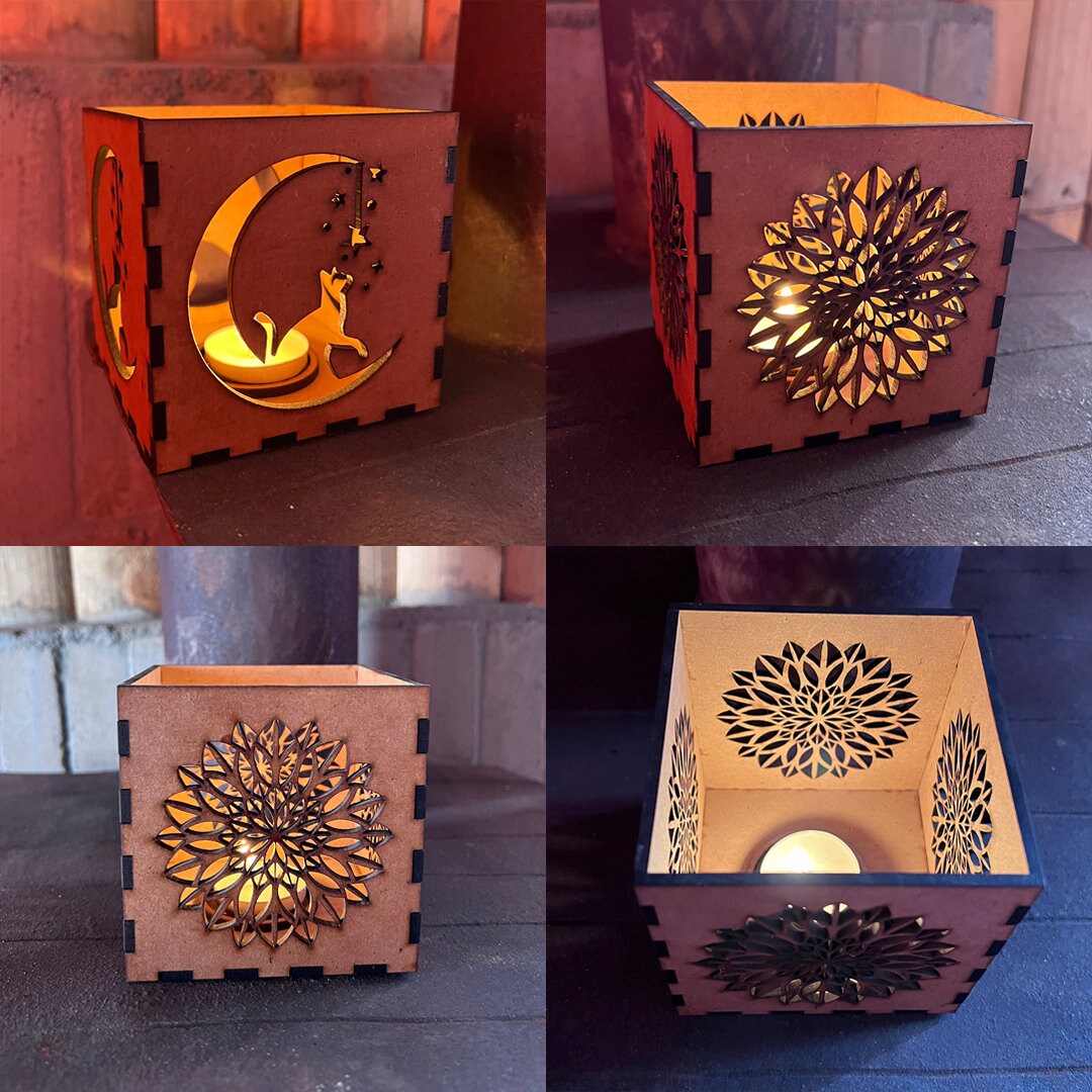 Laser Cut CANDLESTICK Template, Mandala and Cat on the Moon 3mm, Holder ...