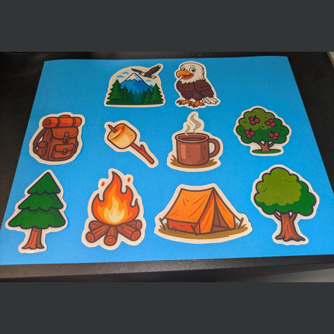 Camping Sticker Pack, 10 Handcut Vinyl Nature Stickers, Tent Campfire ...
