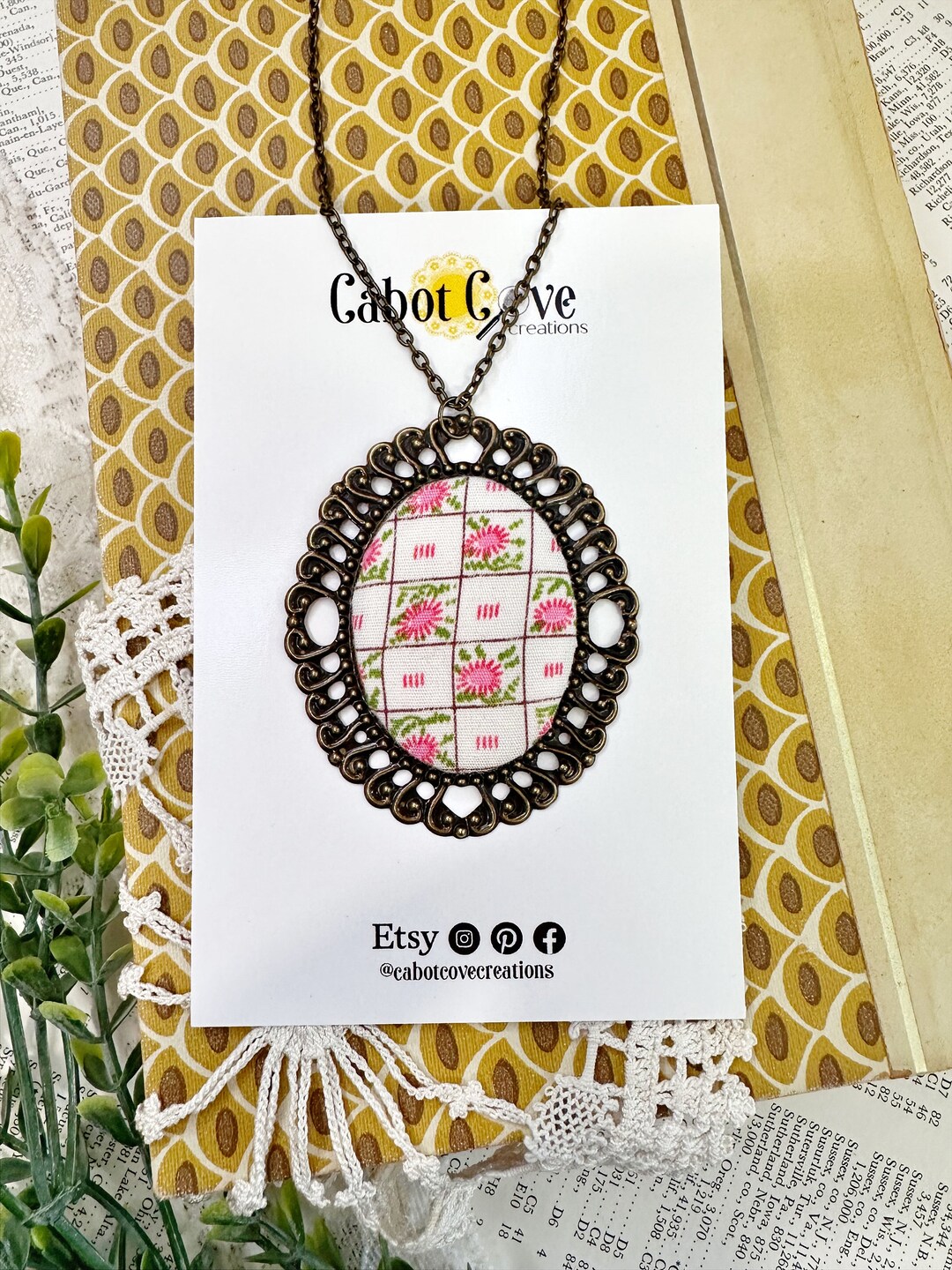 Pink, Green, & White Floral Vintage Fabric Pendant Necklace in Antique ...