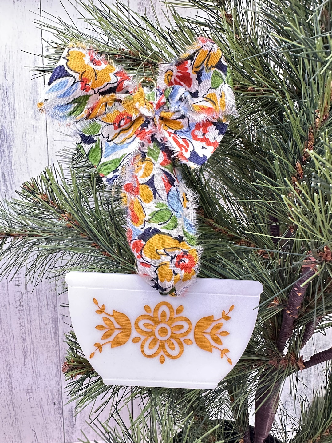 Butterfly Gold Pyrex Bowl Christmas Ornament With Vintage Fabric Bow ...