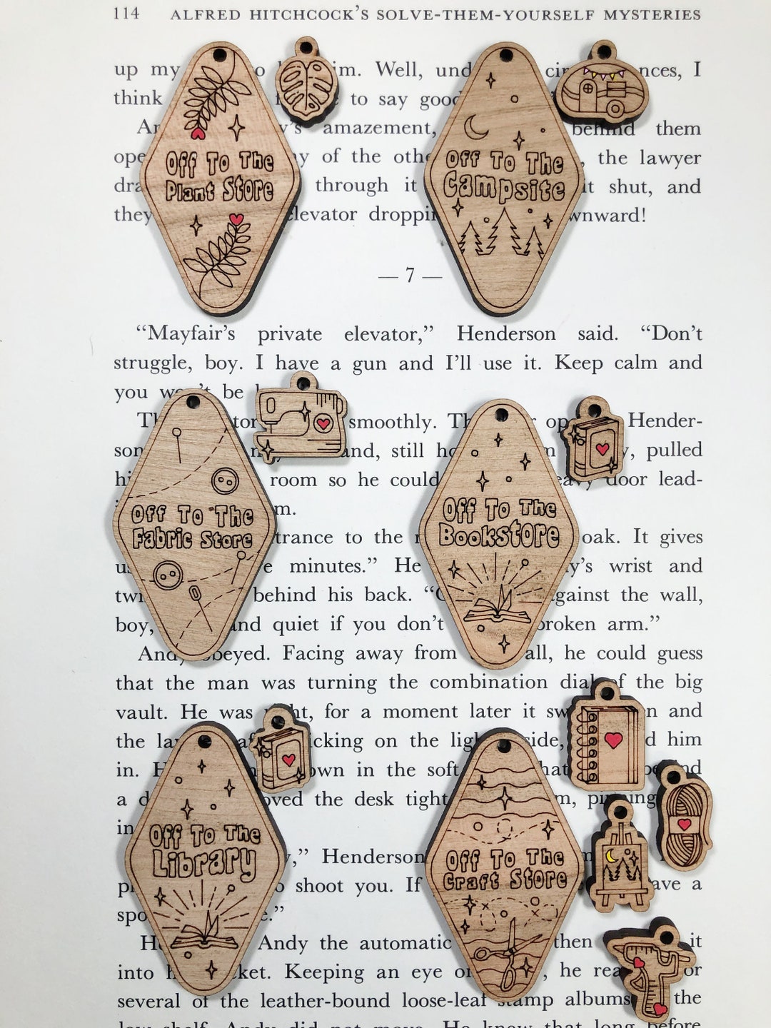 Wood Hobby Keychains With Matching Charms, Library, Bookstore, Craft ...