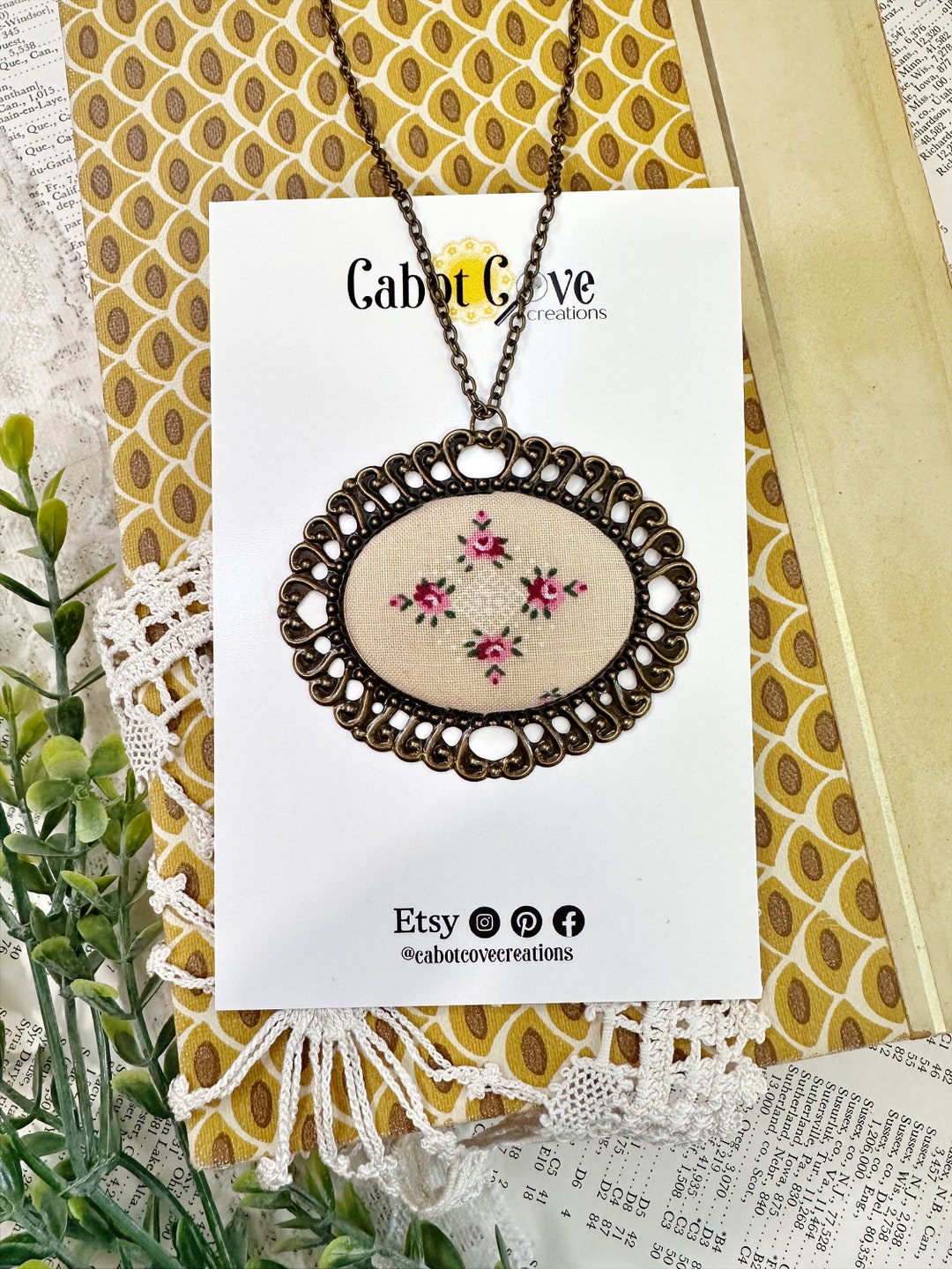Pink, Green, & Tan Floral Vintage Fabric Pendant Necklace in Antique ...