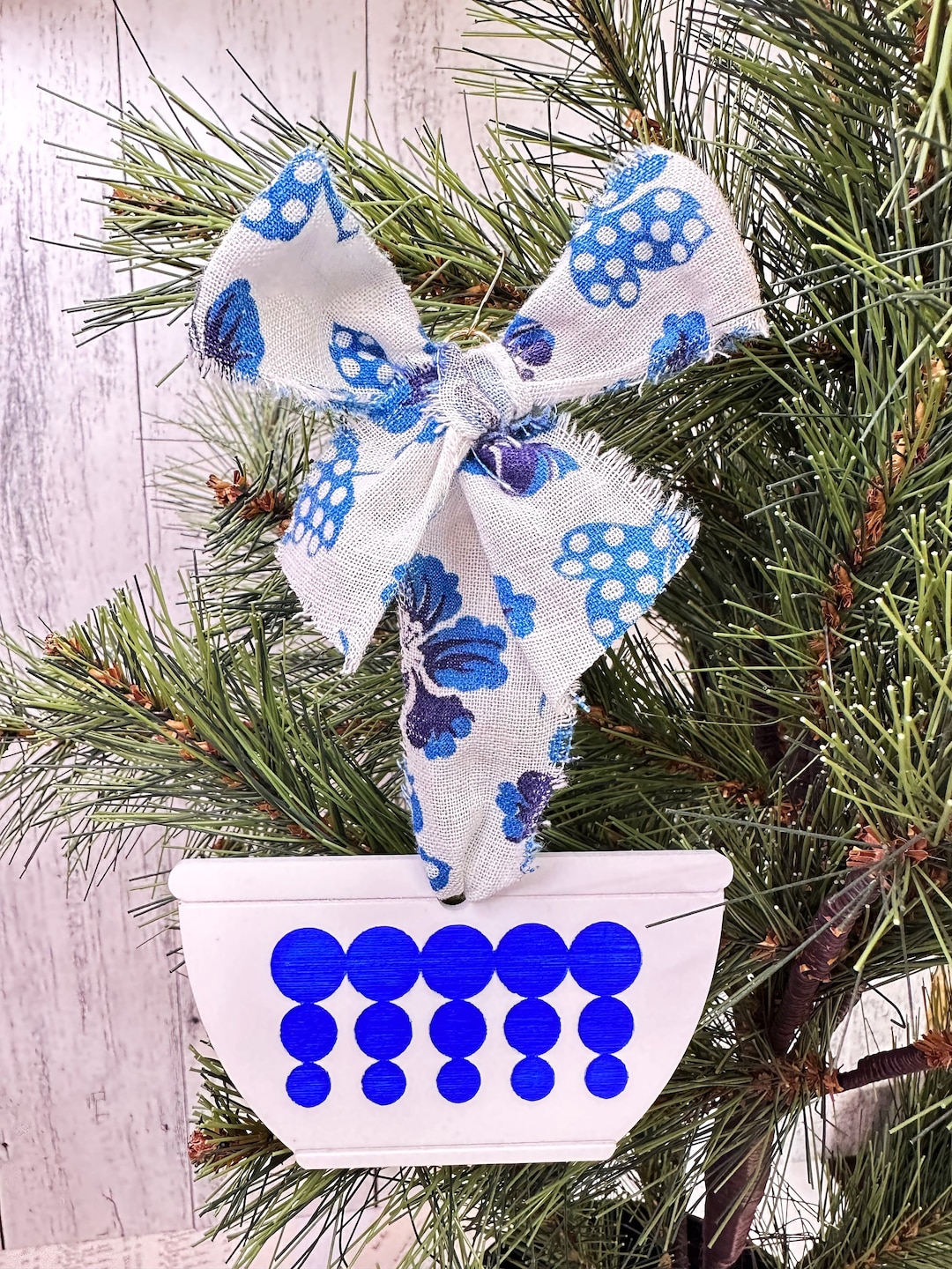 Dots Pyrex Bowl-blue Christmas Ornament With Vintage Fabric Bow Hanger ...