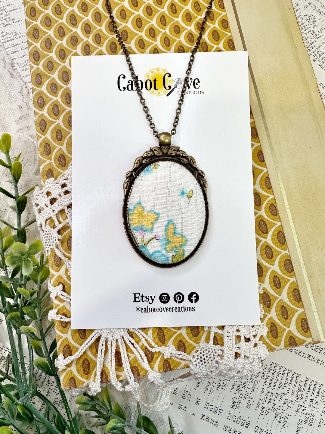 Light Blue, White, Yellow Floral Vintage Fabric Pendant Necklace in ...