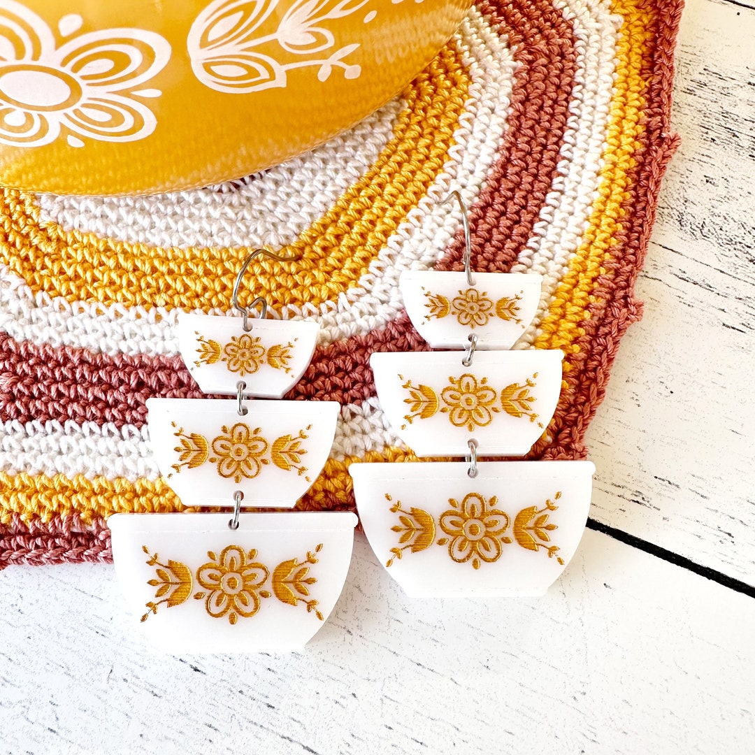 Pyrex Butterfly Gold Stacking Bowl Acrylic Earrings in White & Mustard ...