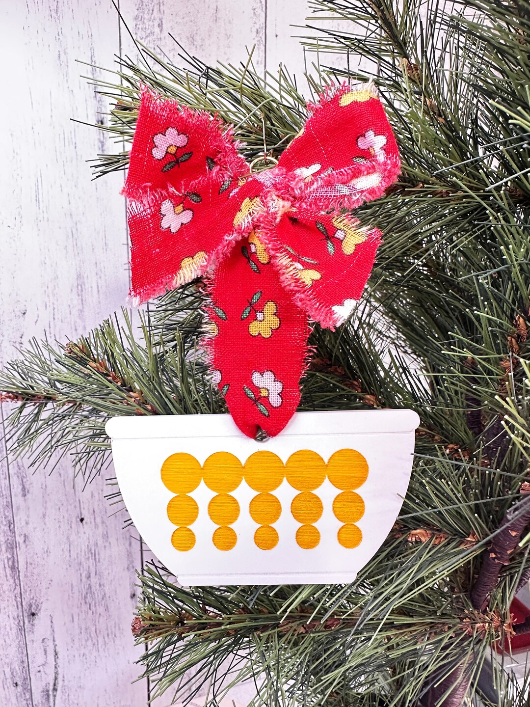 Dots Pyrex Bowl-yellow Christmas Ornament With Vintage Fabric Bow ...