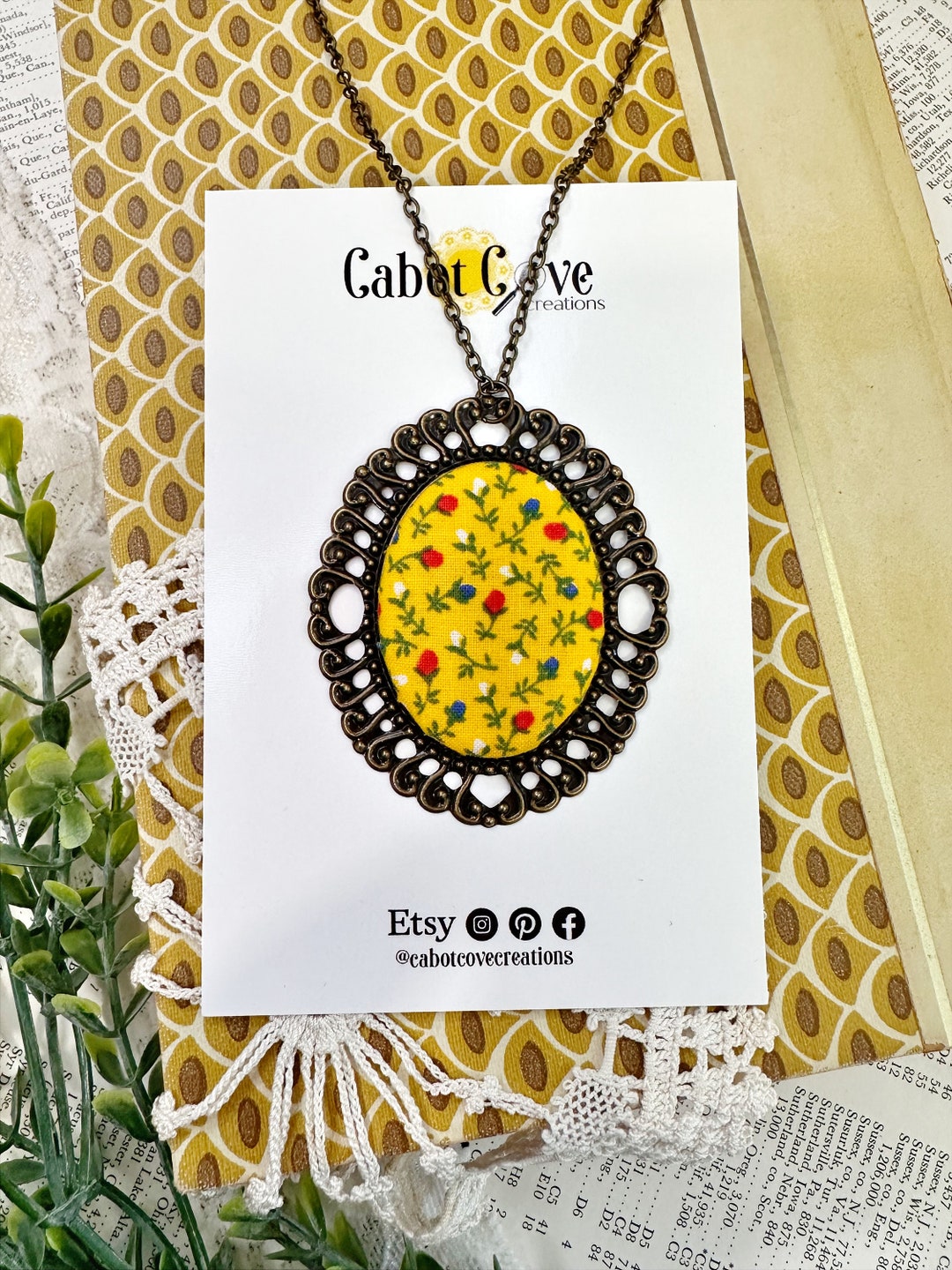 Red, Blue, Yellow, & White Floral Vintage Fabric Pendant Necklace in ...