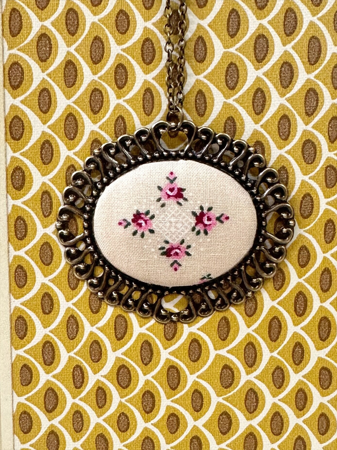 Pink, Green, & Tan Floral Vintage Fabric Pendant Necklace in Antique ...