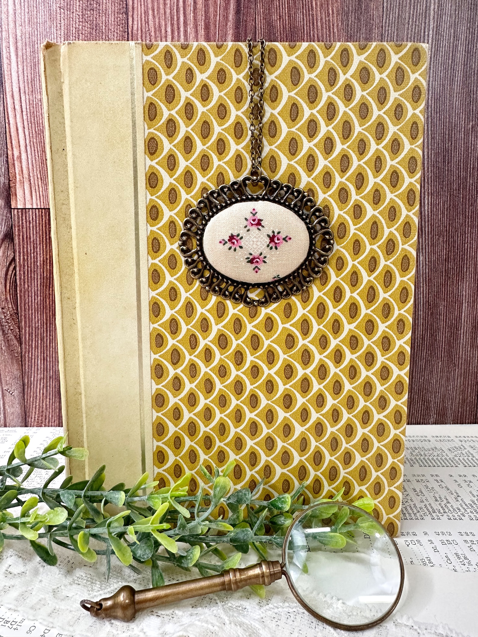 Pink, Green, & Tan Floral Vintage Fabric Pendant Necklace in Antique ...