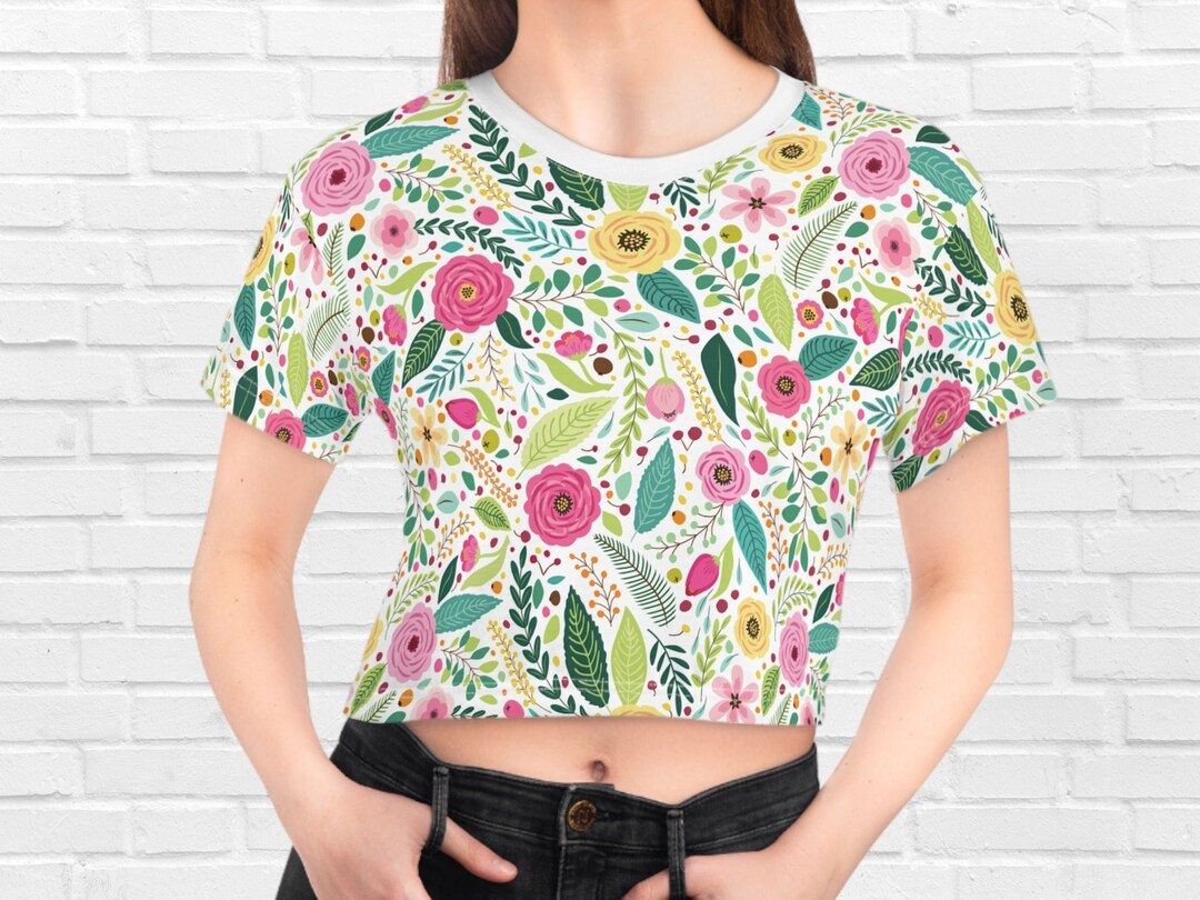 All Over Print Crop Top Wild Flowers Pattern Cropped Tee Floral Trendy ...