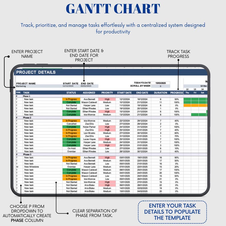 Gantt Chart Project Management Excel, Task To-do List, Project ...