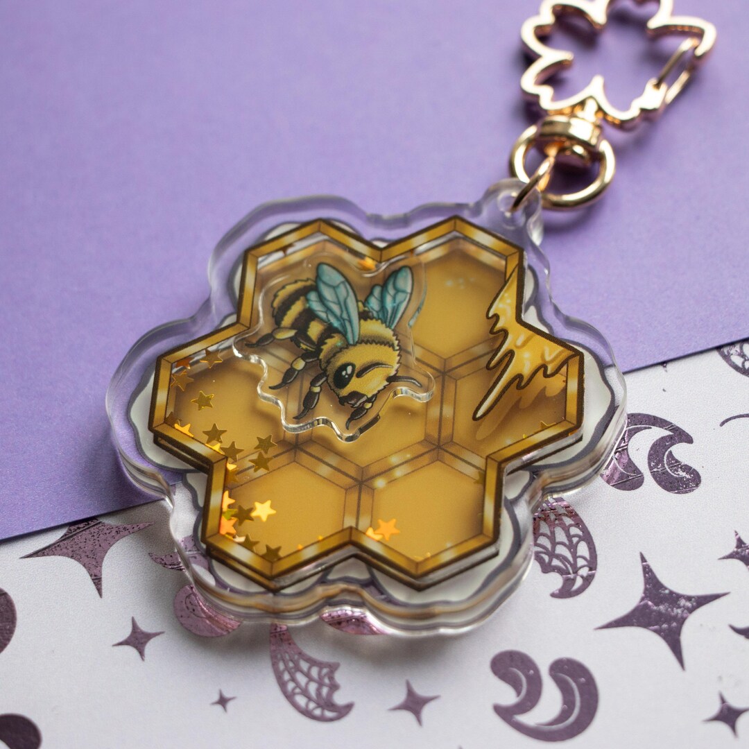 Bee and Flower Honeycomb Shaker Keychain - Acrylic Charm - Honeycomb ...