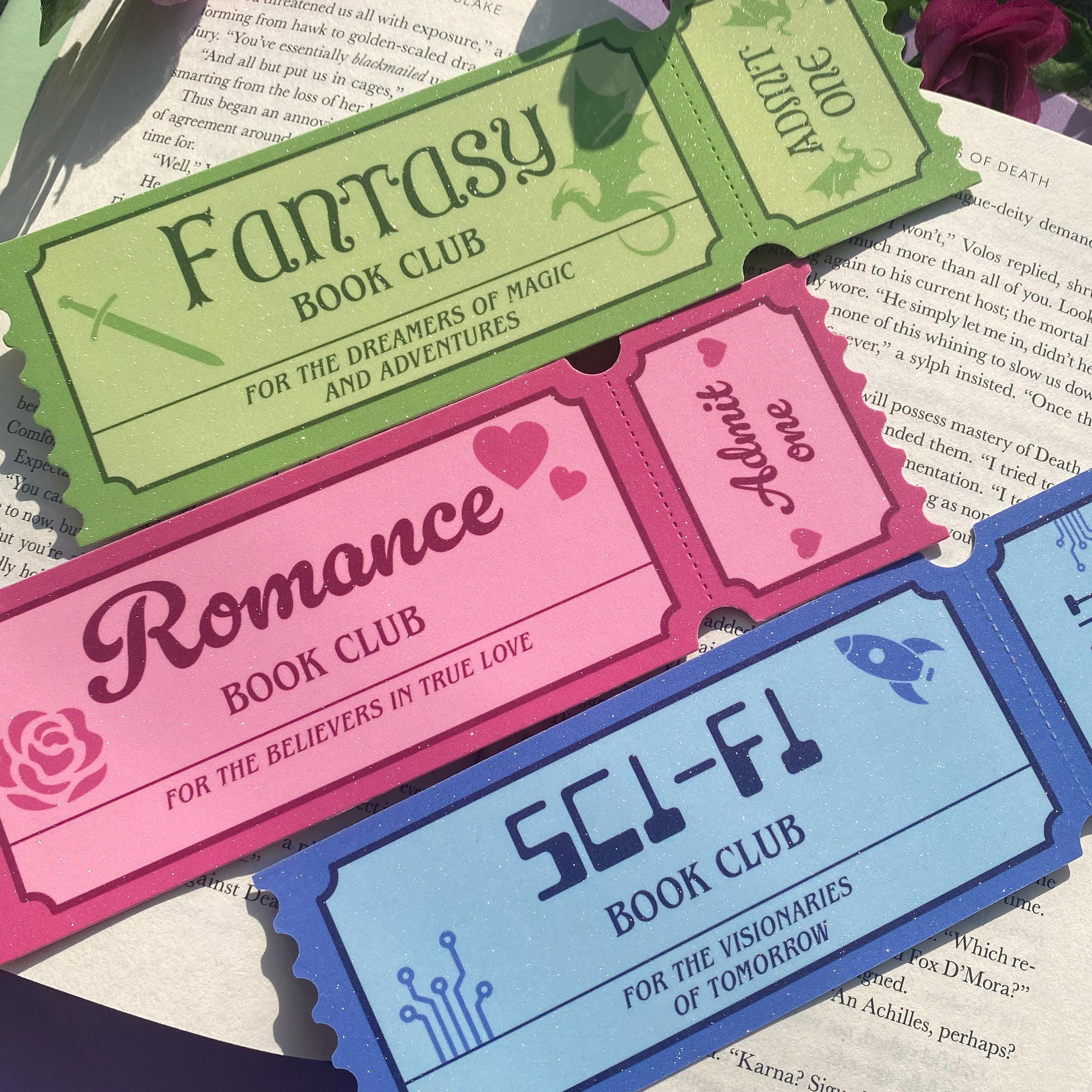 Bookmark Book Genres Tearable Ticket Glitter, Admit One , Reader ...