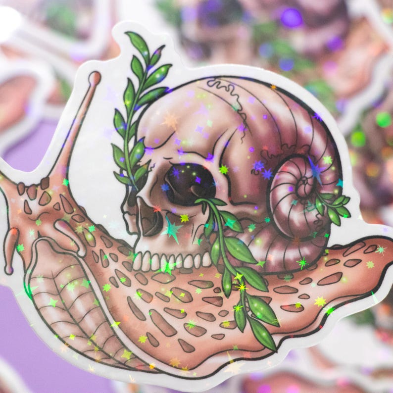 Holographic Vinyl Sticker Skull Snail, Slug Skull, Gothic Horror Animal ...